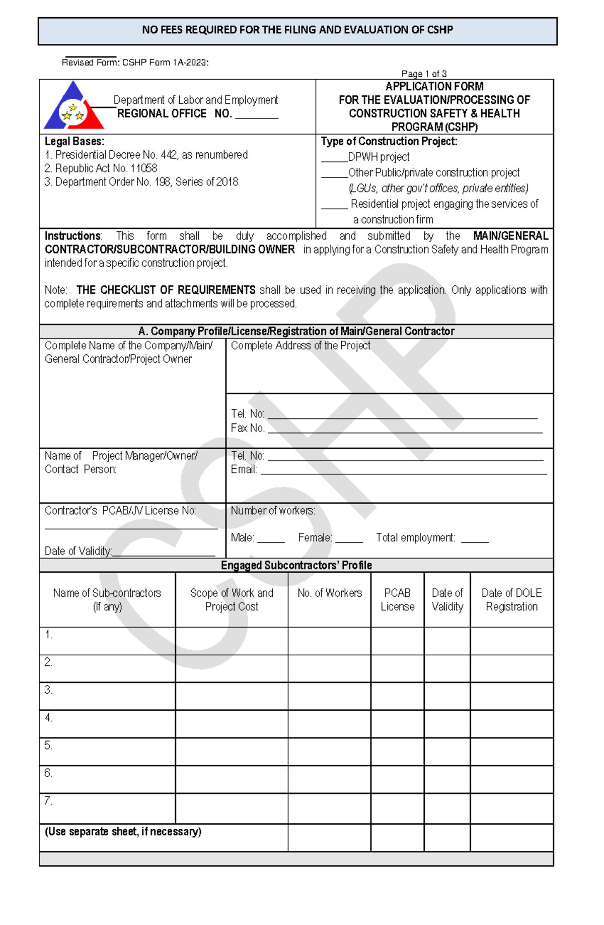 CSHP Application Form 1A-2023 for Construction Safety & Health - Studocu