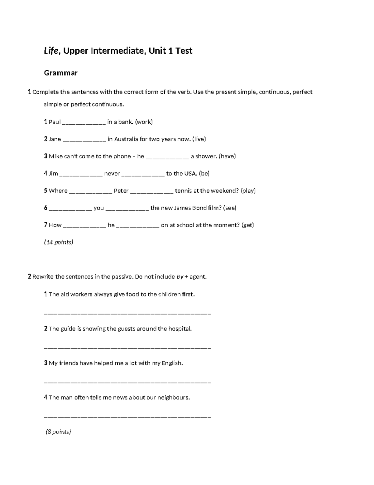 Life Upper Int Unit 1 Test - Grammar, Vocabulary & Functions - Studocu
