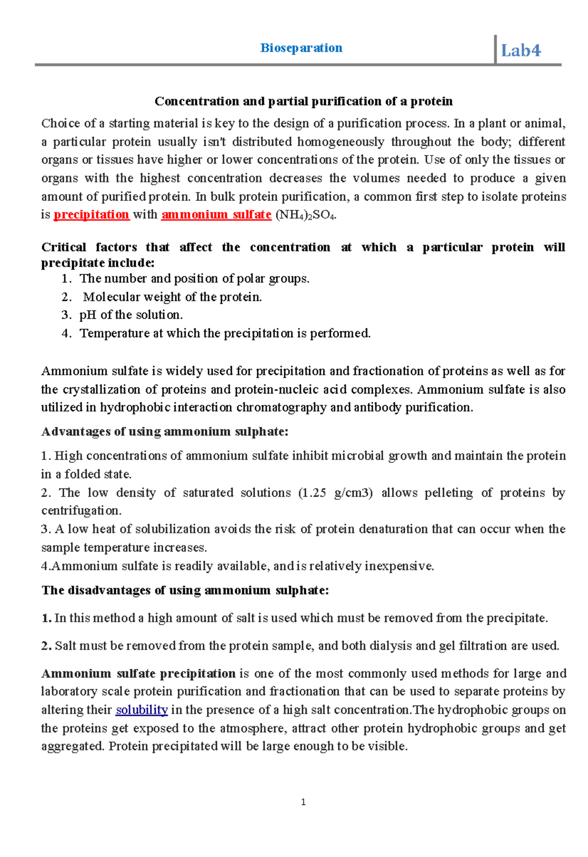 Concentration and partial purification of a protein - In a plant or ...