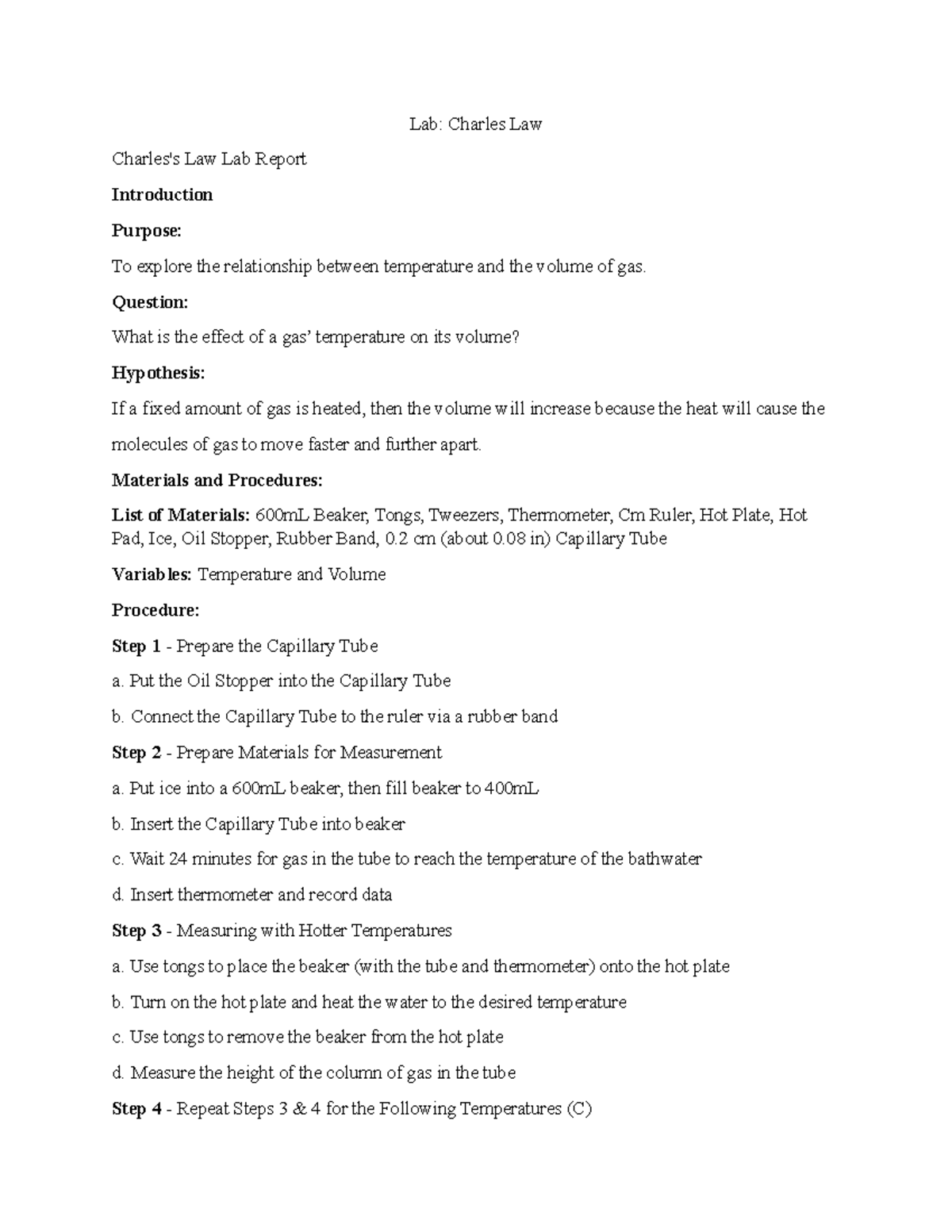 Charles Law Lab Report - Exploring Temp & Volume Relationship - Studocu