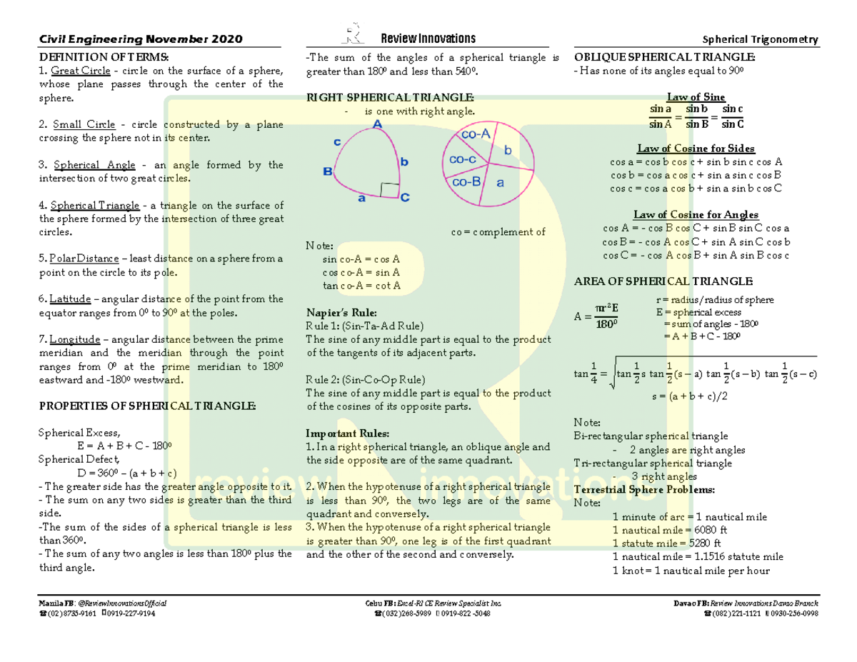 Civil Engineering CE 101 Spherical Trigonometry Review Notes - Studocu