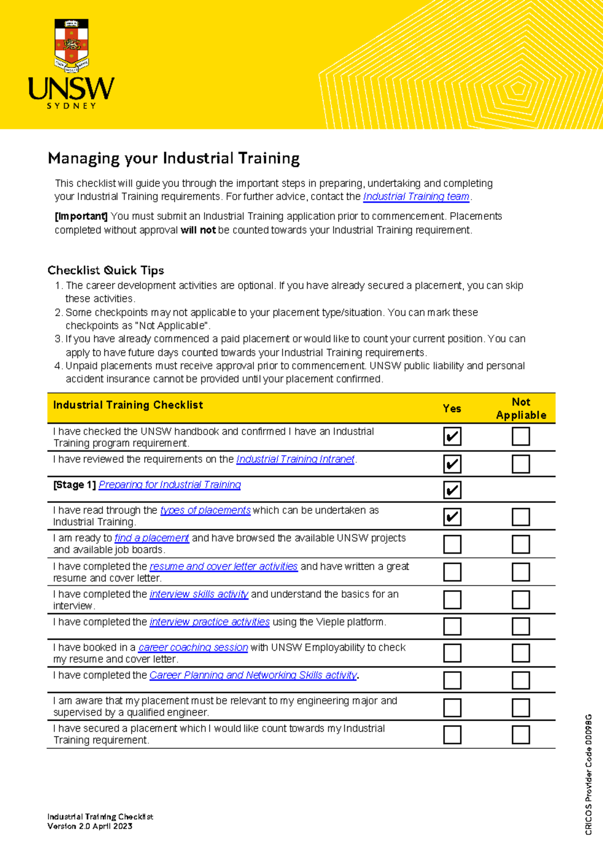 ENG Industrial Training Quick Checklist and Tips for Placement - Studocu