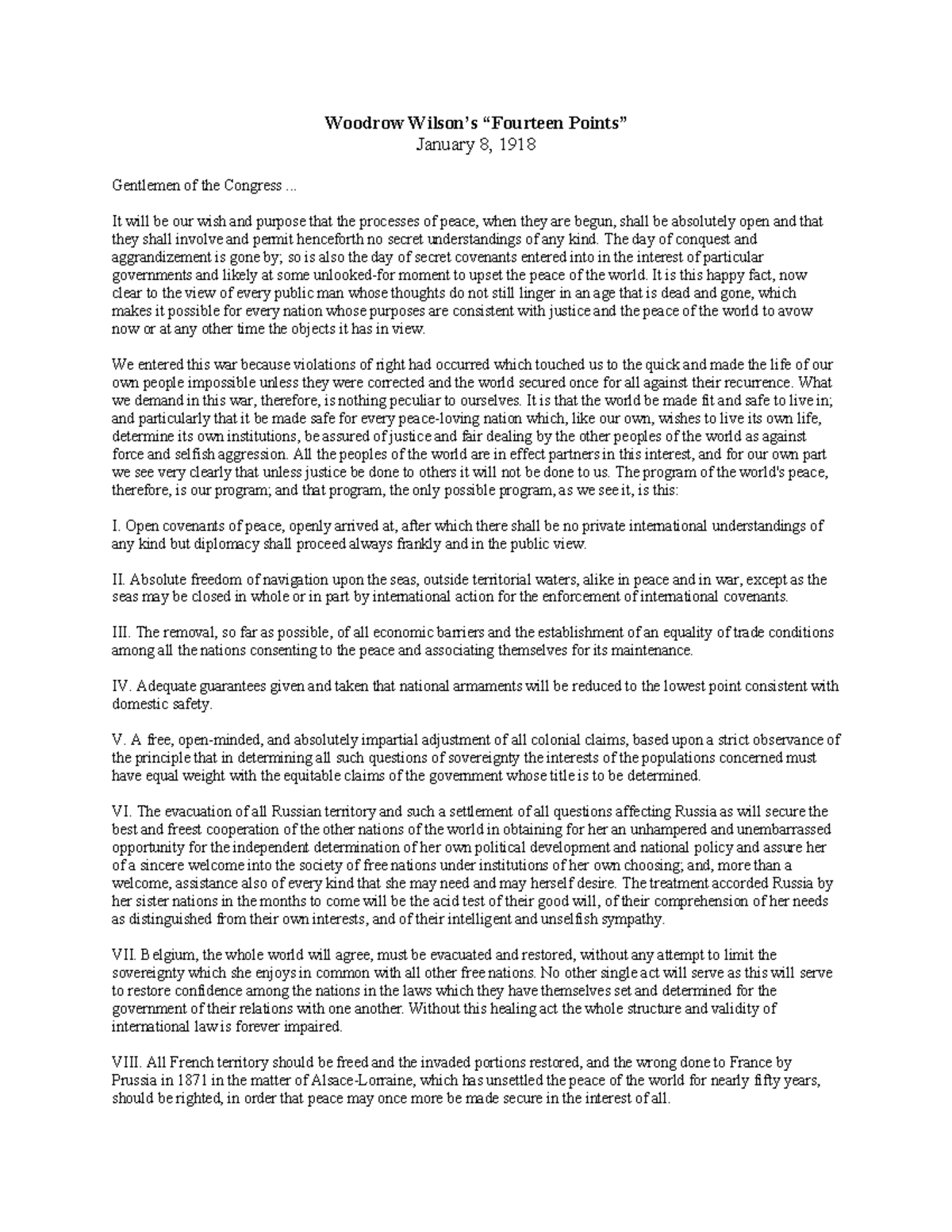 Woodrow Wilson's Fourteen Points: A Blueprint for Peace - Studocu
