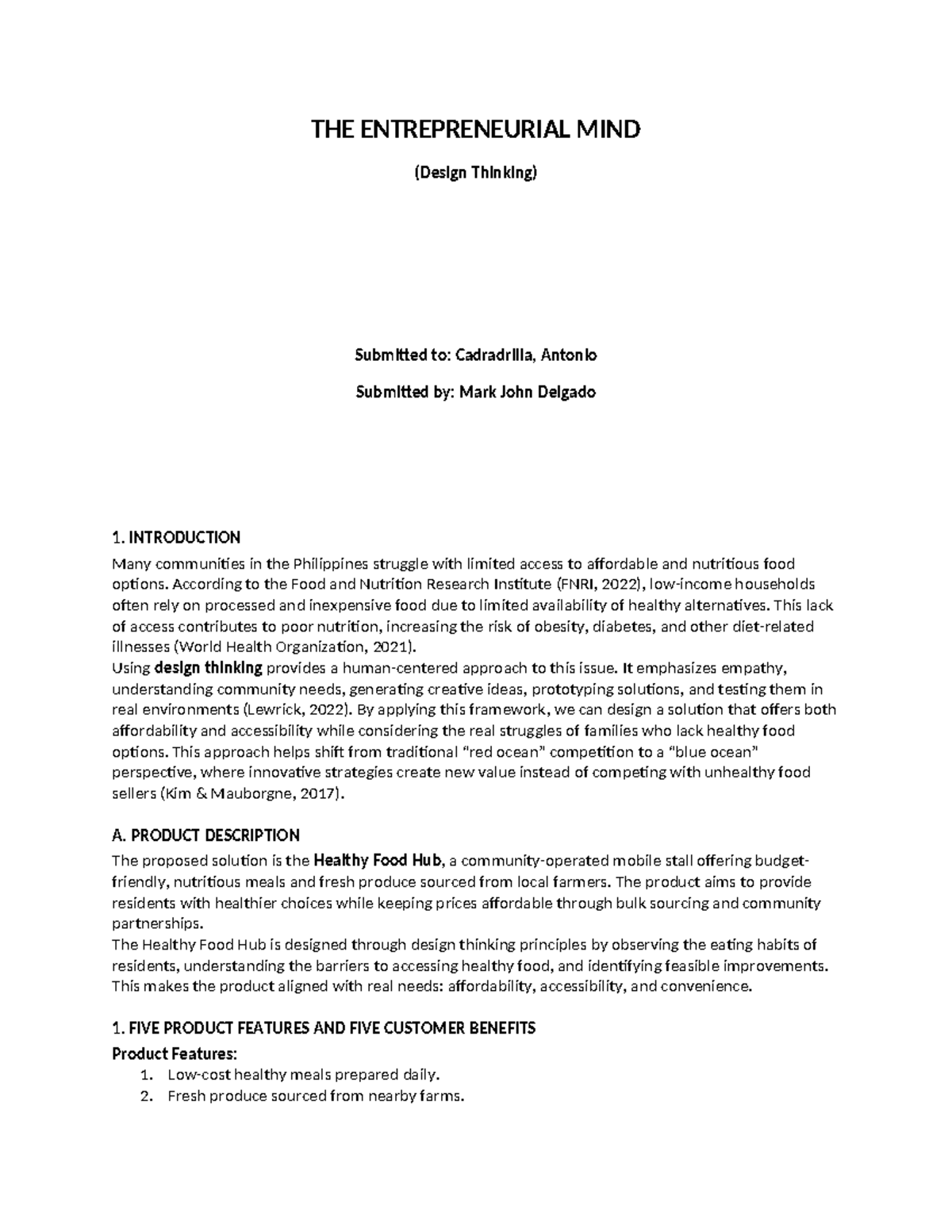 Design Thinking for Affordable Healthy Food Solutions (ENT 101) - Studocu