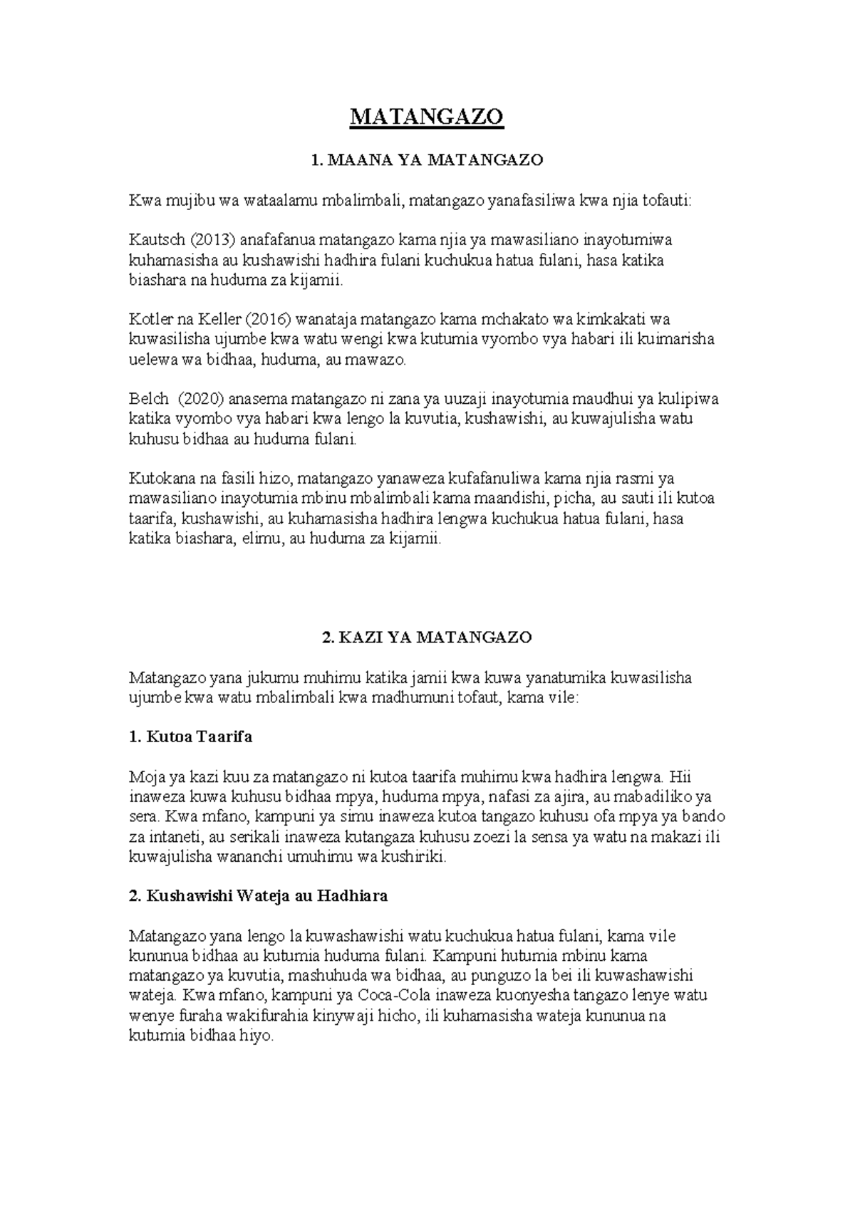 Matangazo: Maana, Kazi na Mbinu za Kuandika Tangazo Bora - Studocu