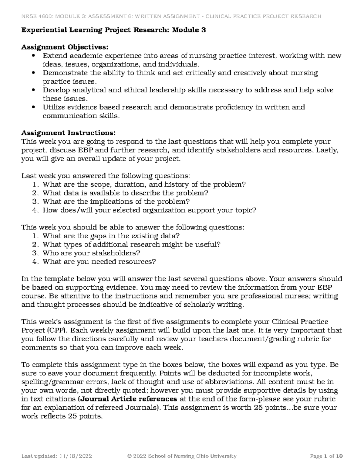 NRSE 4600: Module 3 Written Assignment on Clinical Practice Project ...