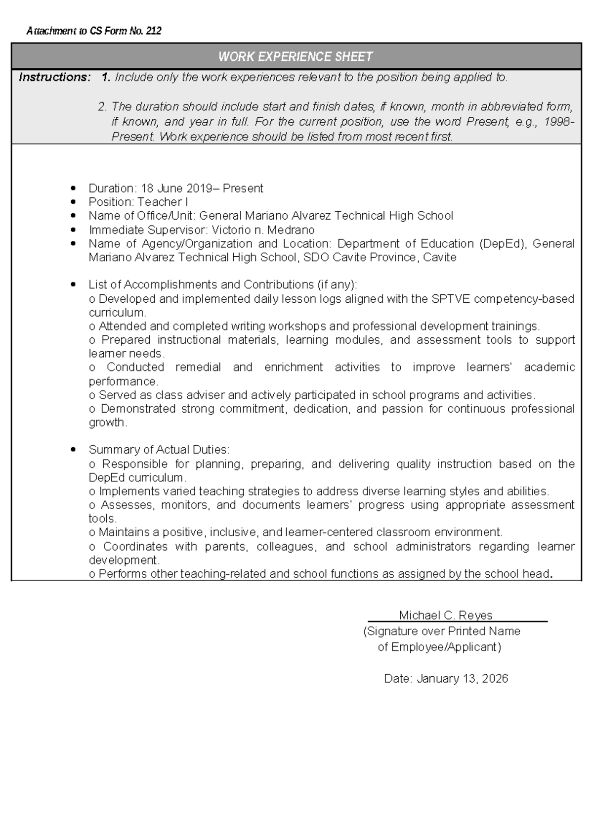 CS Form No. 212: Work Experience Sheet for Teacher I Position - Studocu