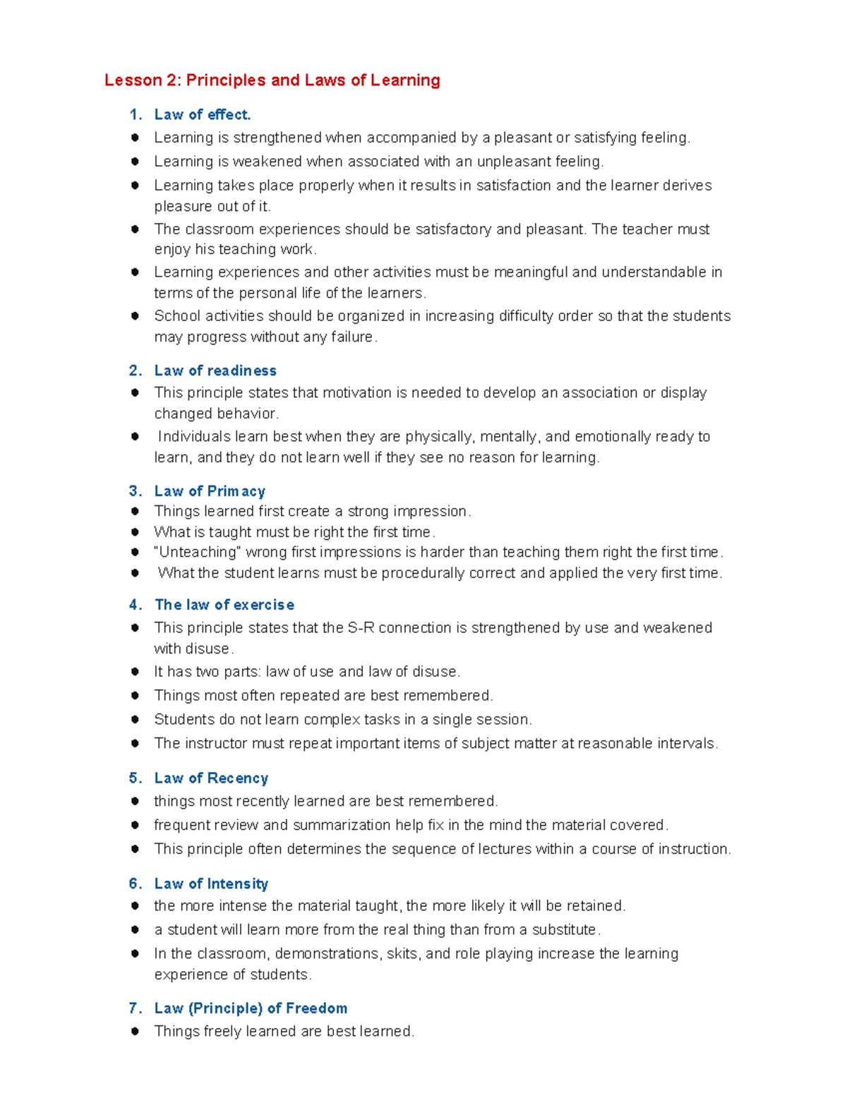 Lesson 2 - Key Principles and Laws of Learning in Education - Studocu