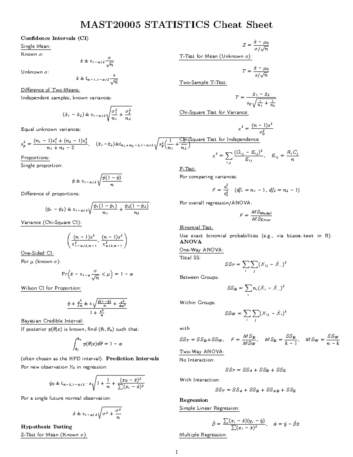 MAST20005 Statistics Cheat Sheet: Key Concepts & Formulas - Studocu