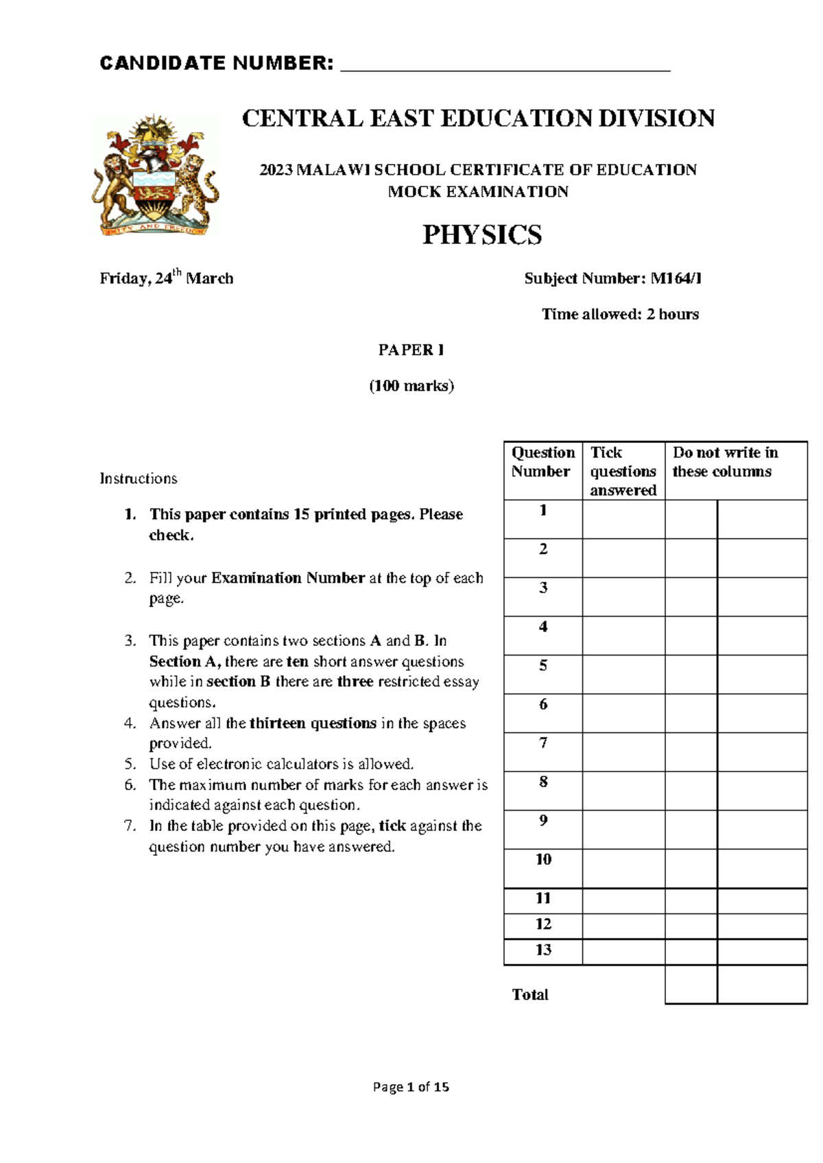 2023 MSCE Physics Paper 1 - CENTRAL EAST EDUCATION DIVISION 2023 MALAWI ...