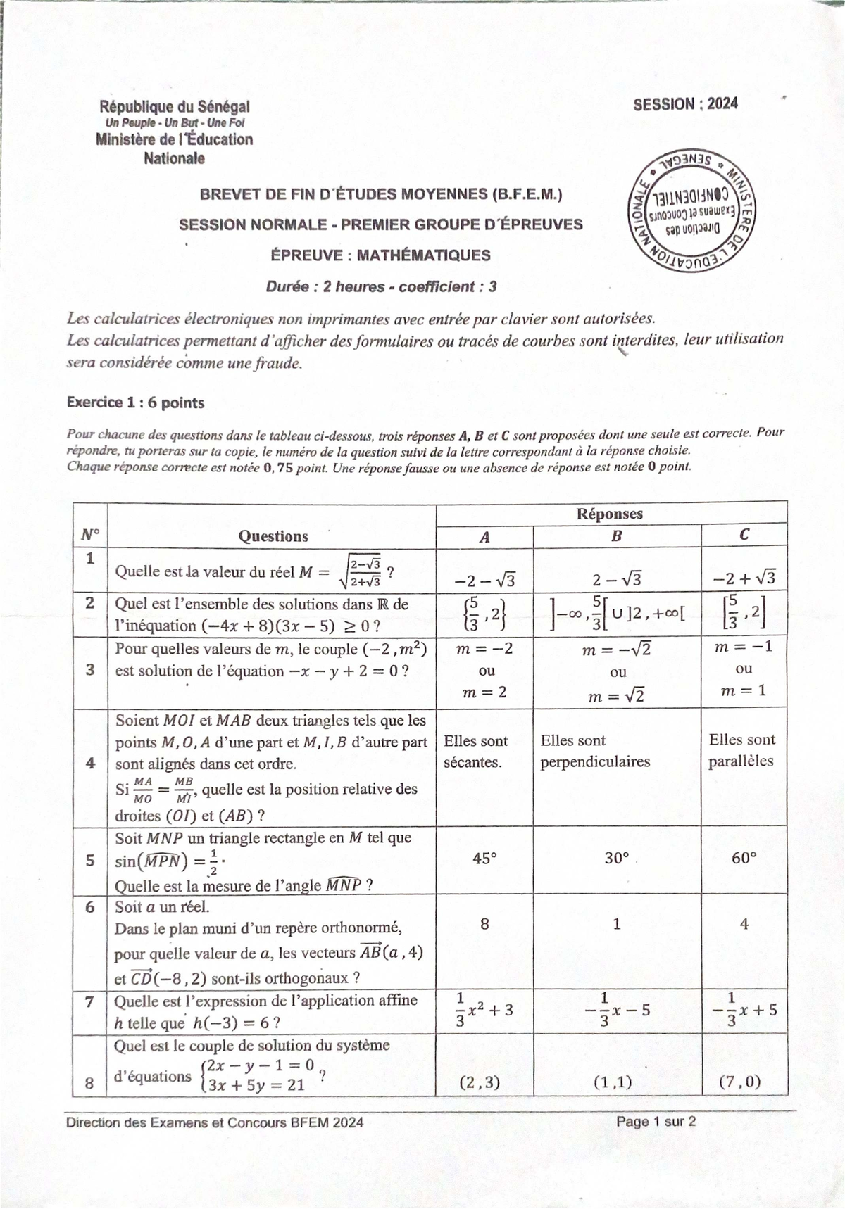 BFEM 2024: Épreuve de Mathématiques - Examens et Concours - Studocu