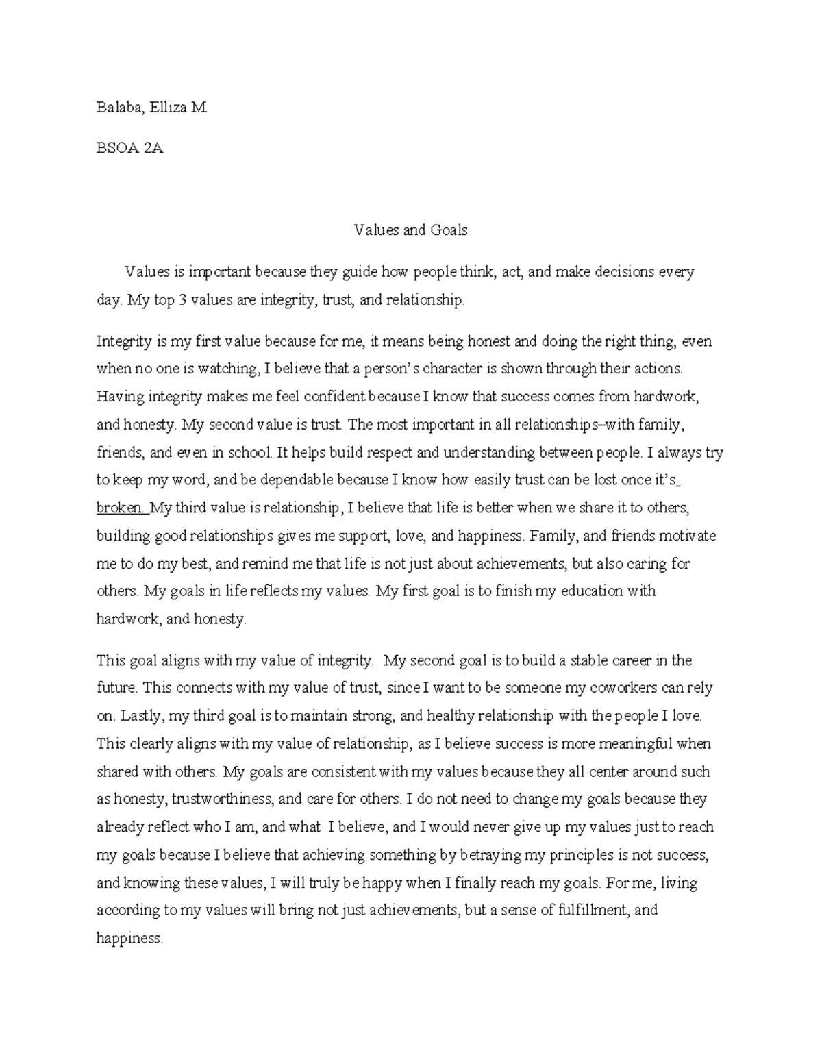 Values and Goals Reflection - BSOA 2A Essay Notes - Studocu