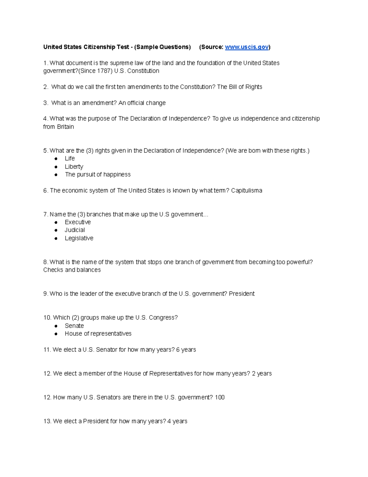 US Citizenship Test (Sample Questions) Study Guide - Studocu