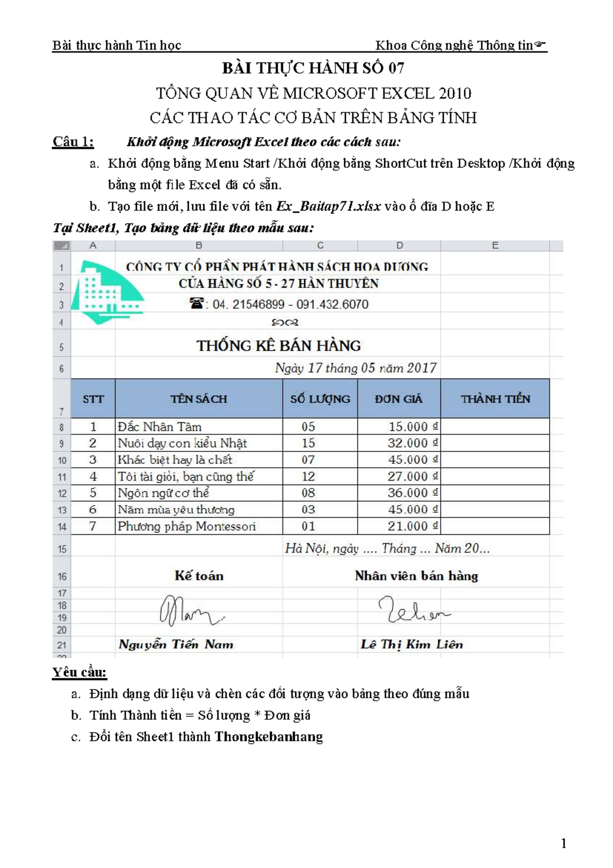 BTTH Tin học B07 - Thực hành Microsoft Excel 2010 - Studocu