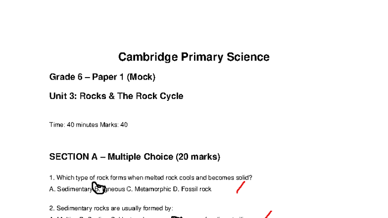 Cambridge Primary Science Grade 6 Mock Paper: Unit 3 - The Rock Cycle ...
