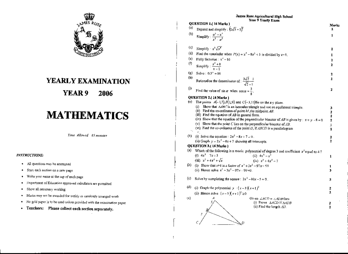 James Ruse Agricultural High School Year 9 Maths Yearly Exam 2006 ...