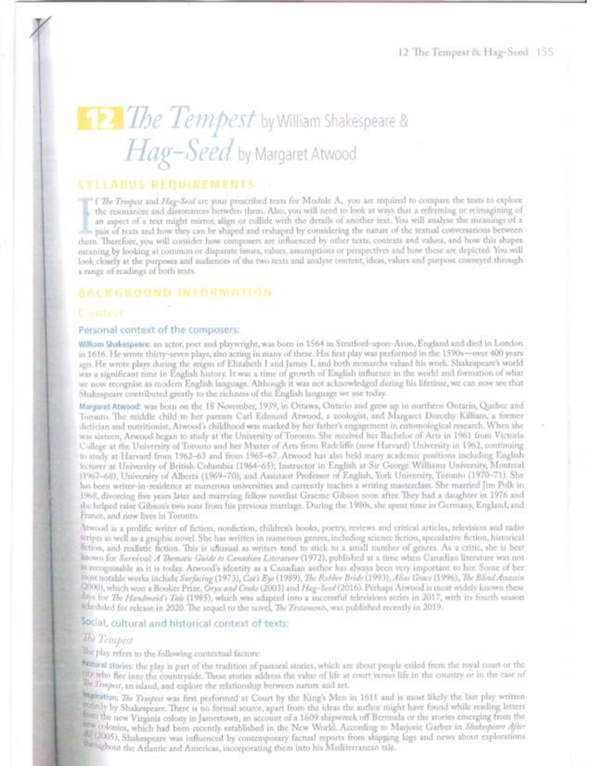 HSC Advanced English: The Tempest and Hagseed comparative analysis ...