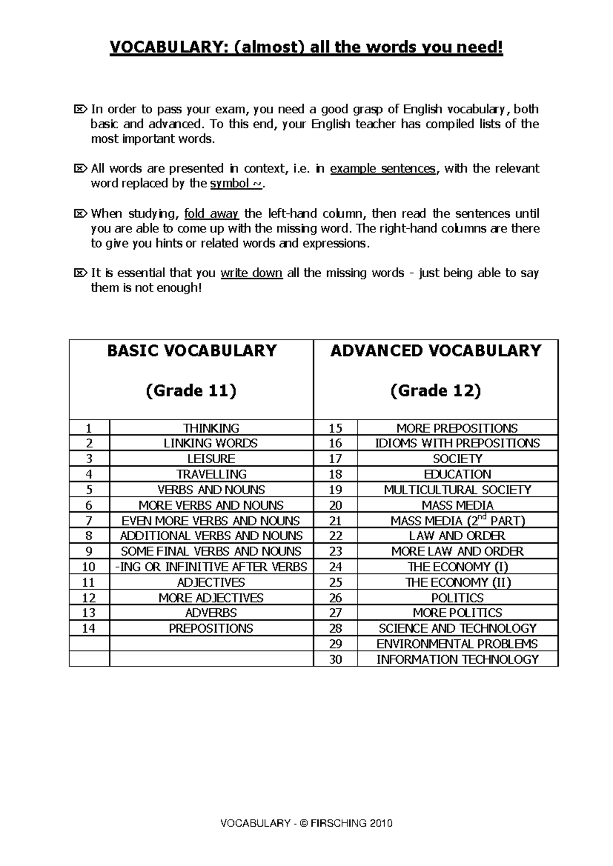 Advanced Vocabulary Study Guide (Grade 12) For Exam Success - Studocu