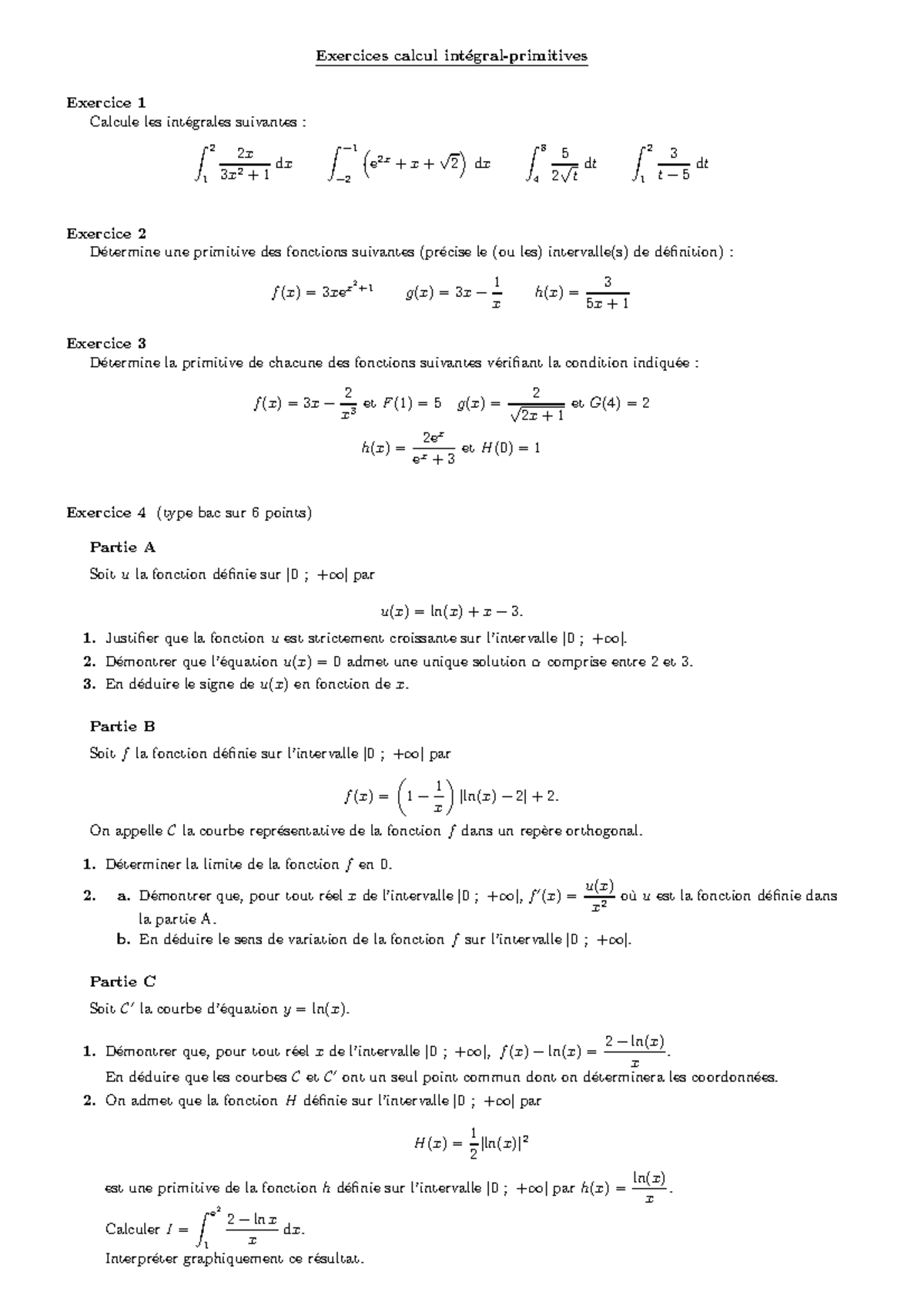 Ex integration - Exercices calcul int ́egral-primitives Exercice 1 ...