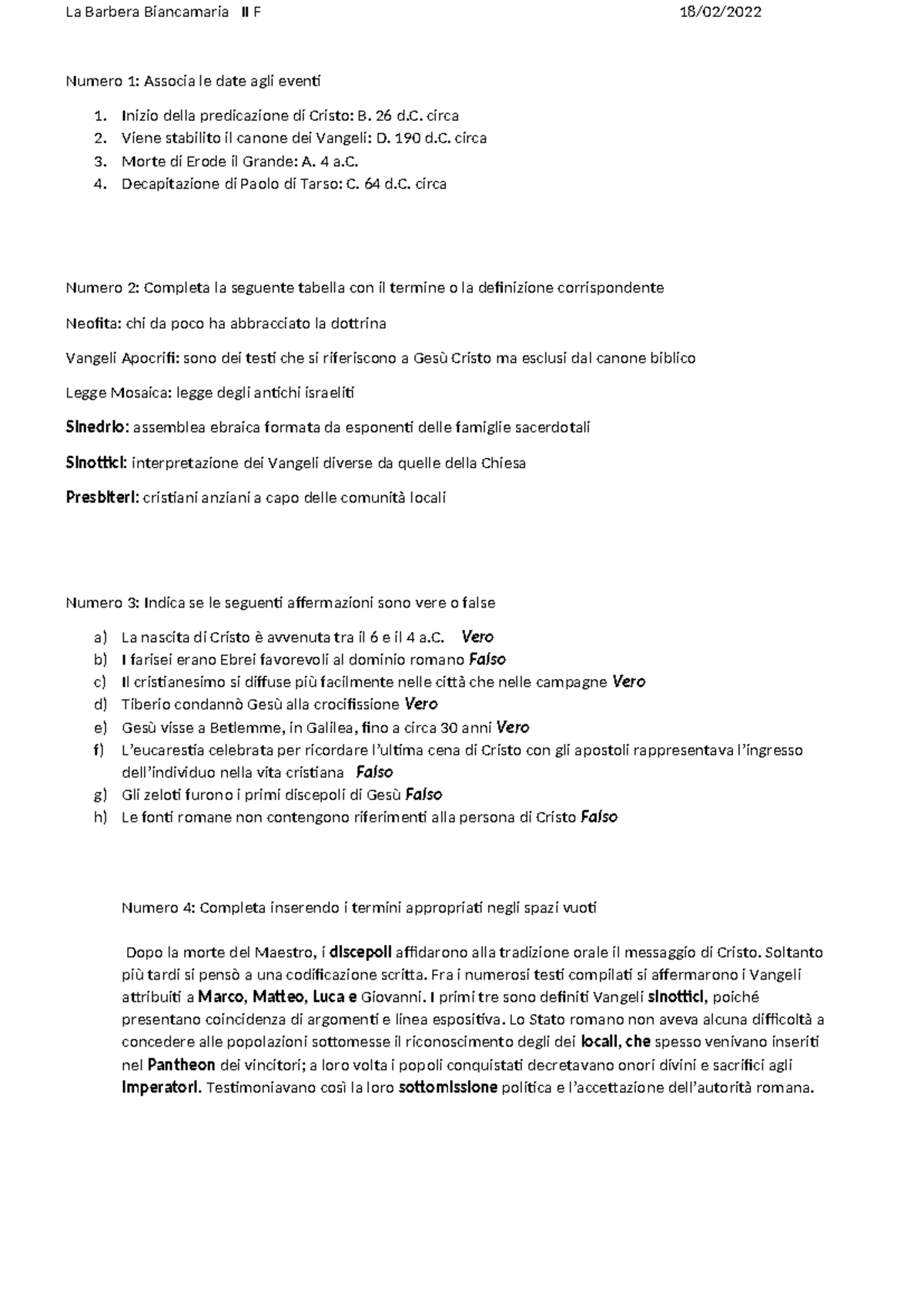 Compito di Storia 1: Appunti su Eventi e Vangeli - Studocu