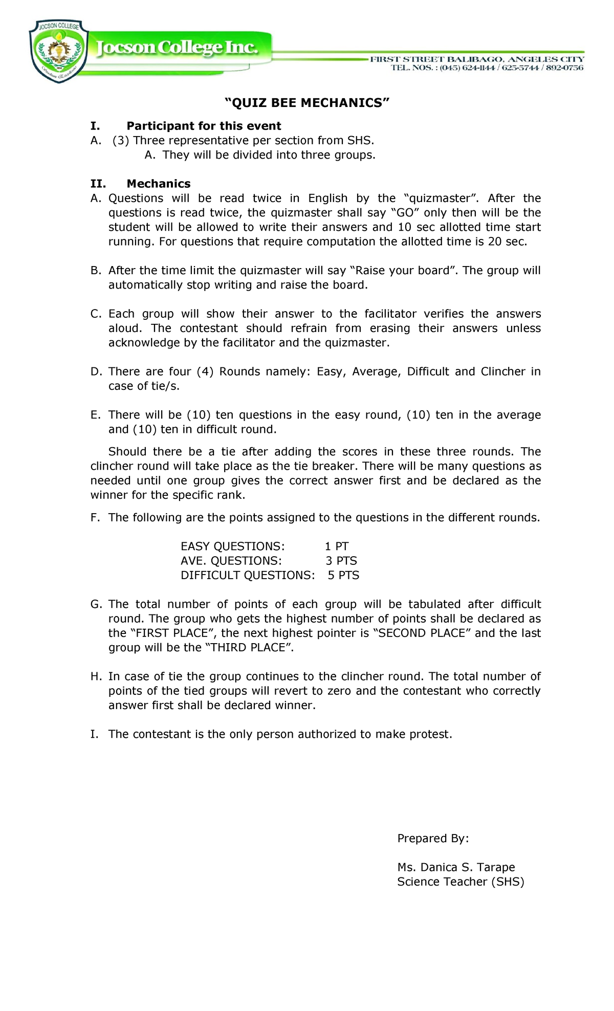 QUIZ BEE Mechanics - Detailed Guidelines for Participation - Studocu