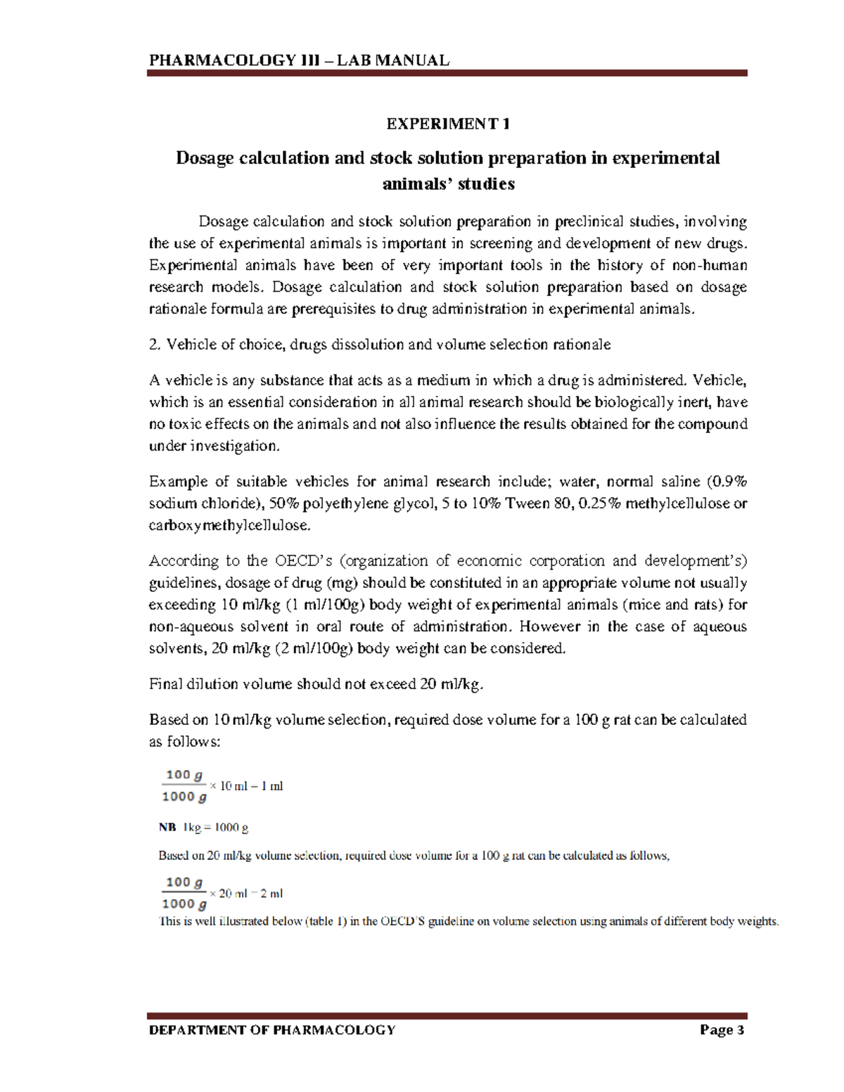 Pharmacology III LAB: Dosage Calculation & Animal Study Techniques ...