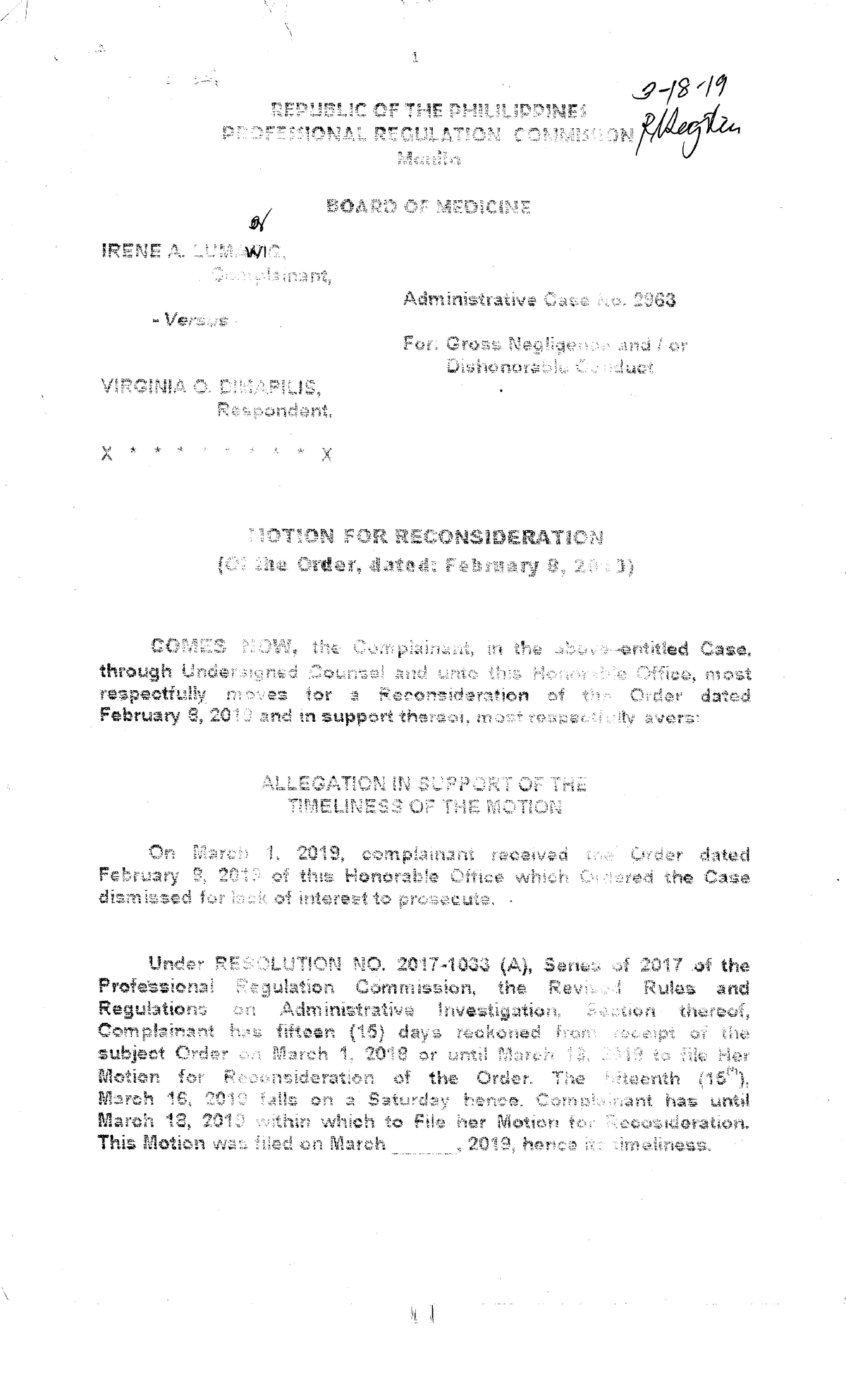 Motion for Reconsideration in Admin Case No. 2963: Lumawig vs ...