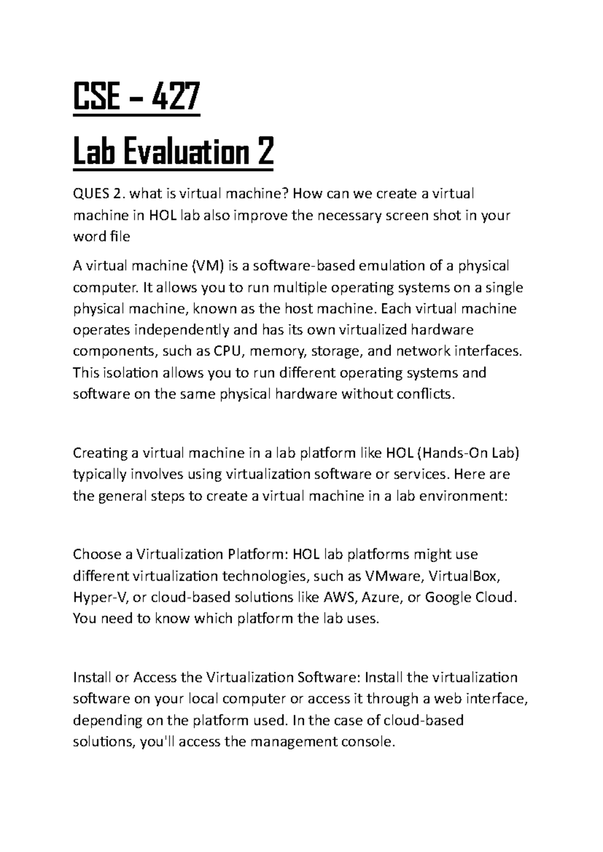 CSE427 Lab Evaluation 2 - Creating Virtual Machines in HOL Lab - Studocu