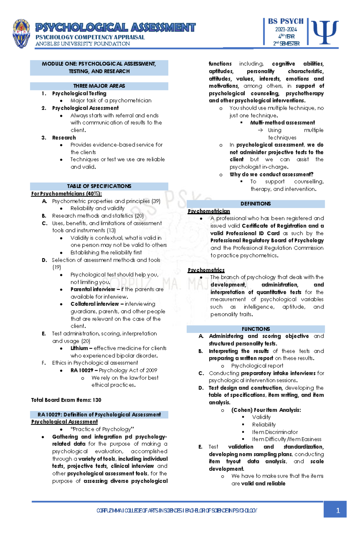 Psychological Assessment, Testing & Research Lecture 1 - 4th Yr 2nd Sem ...