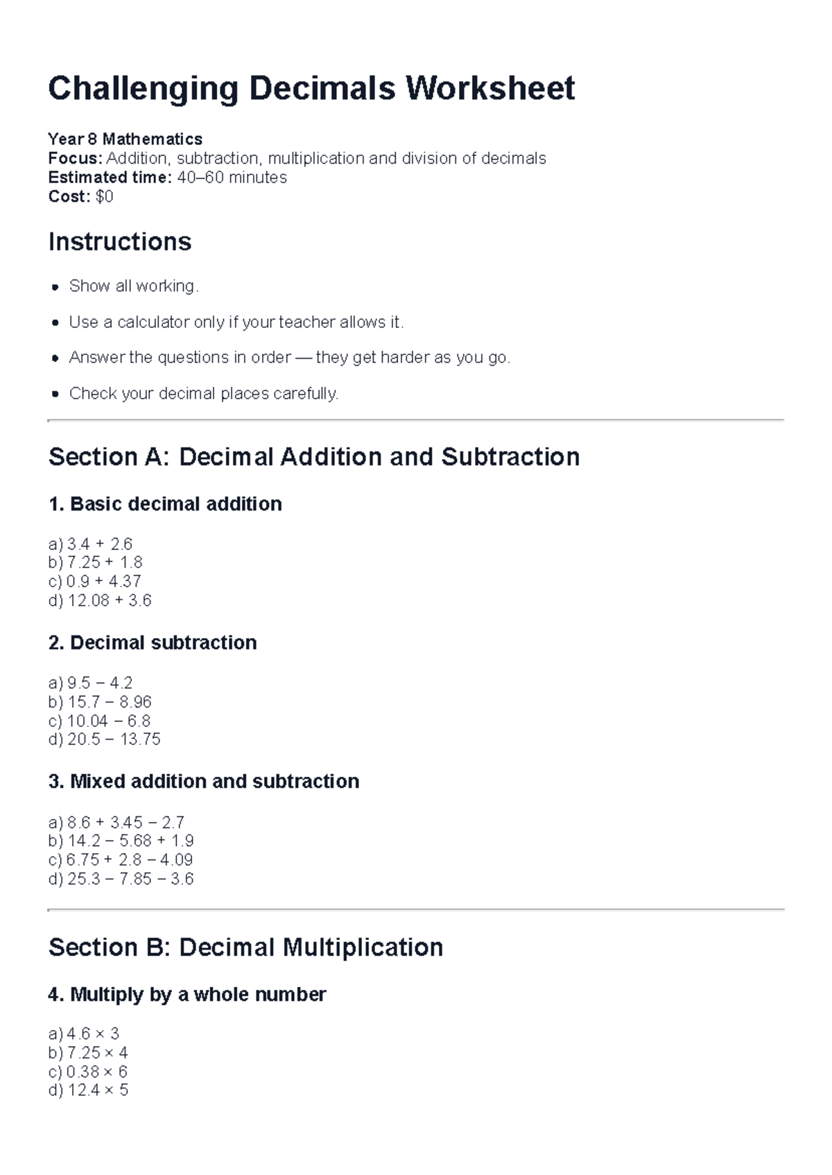 Year 8 Maths: Challenging Decimals Worksheet (Addition, Subtraction ...