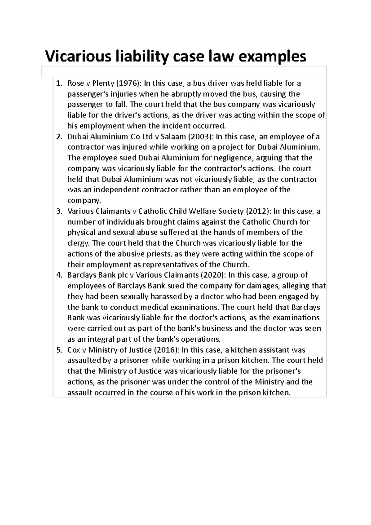 Vicarious liability case law examples - The court held that the bus ...