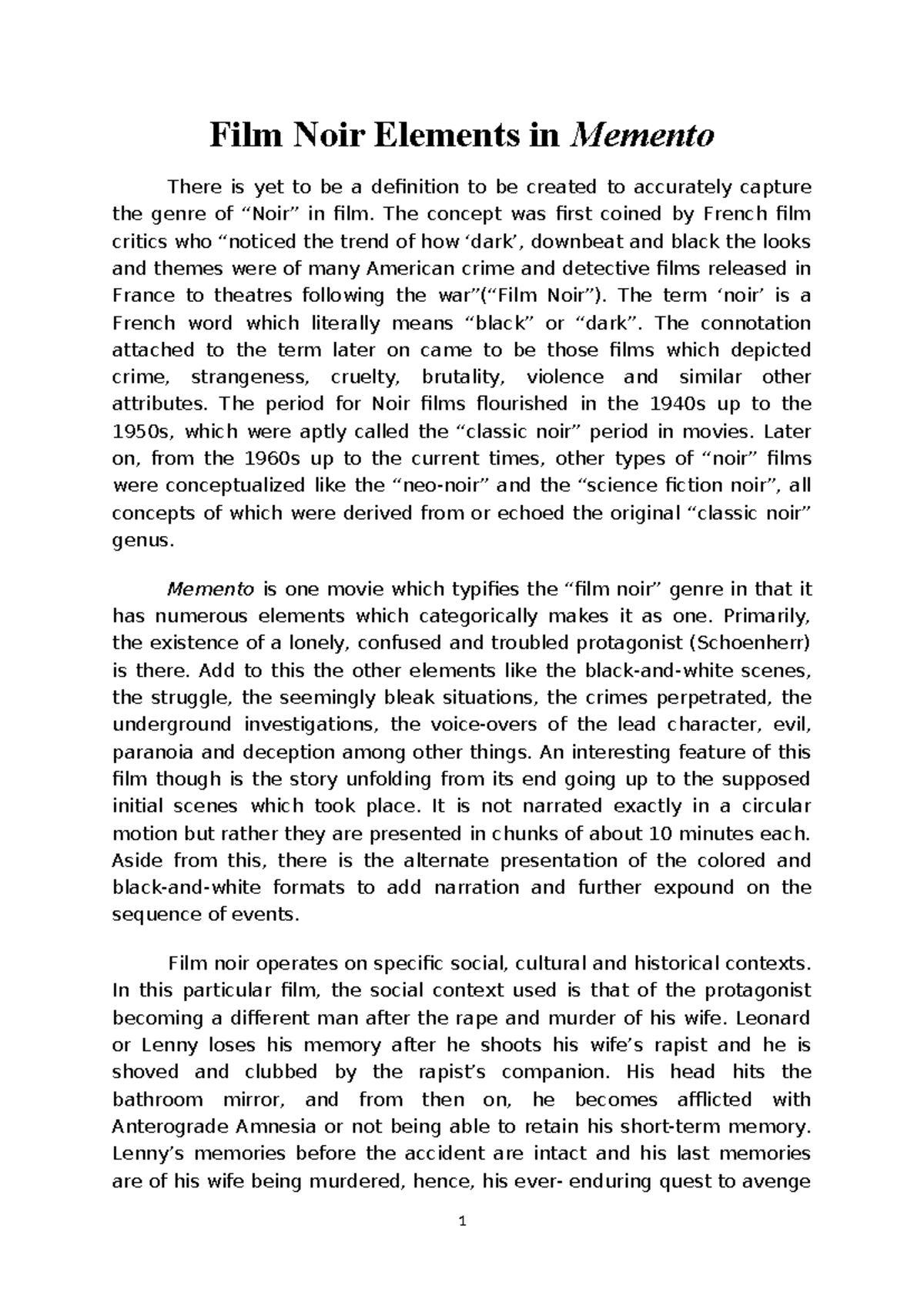 Film Noir Elements in Memento: An Analytical Study - Studocu