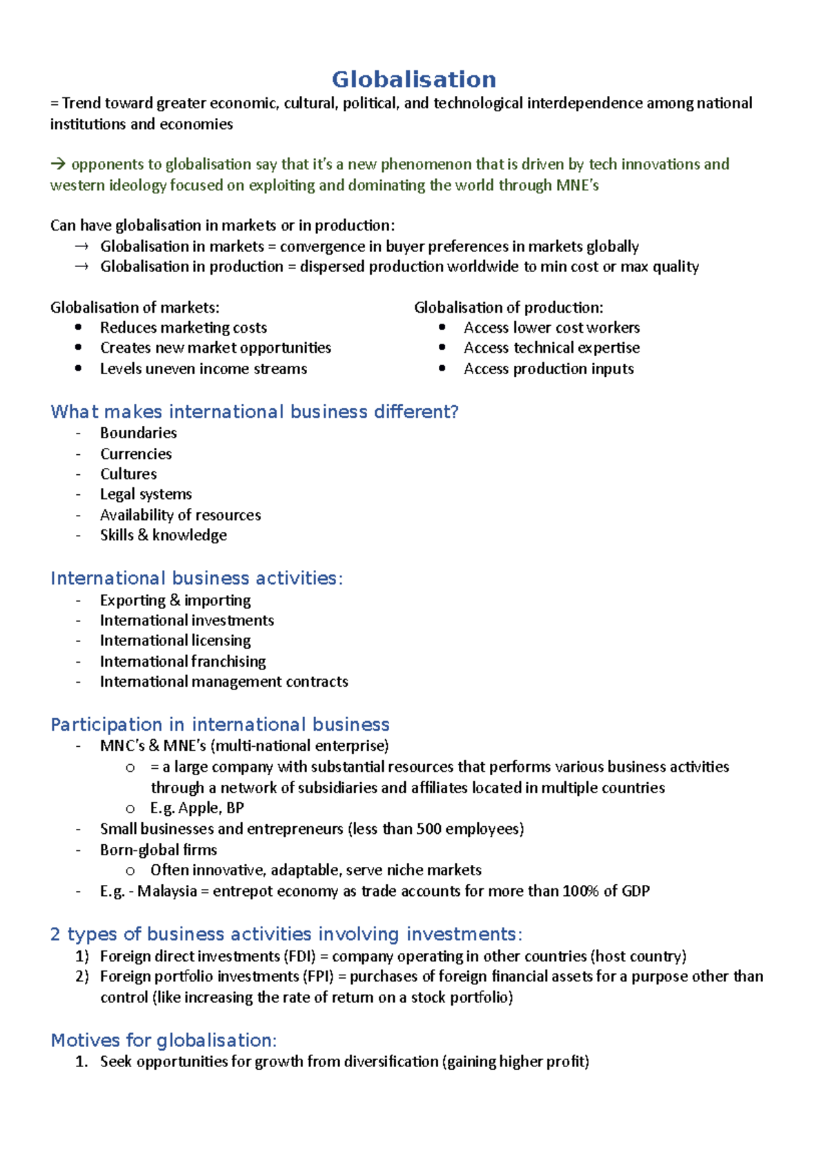 1- Globalisation - Condensed notes - Globalisation = Trend toward ...