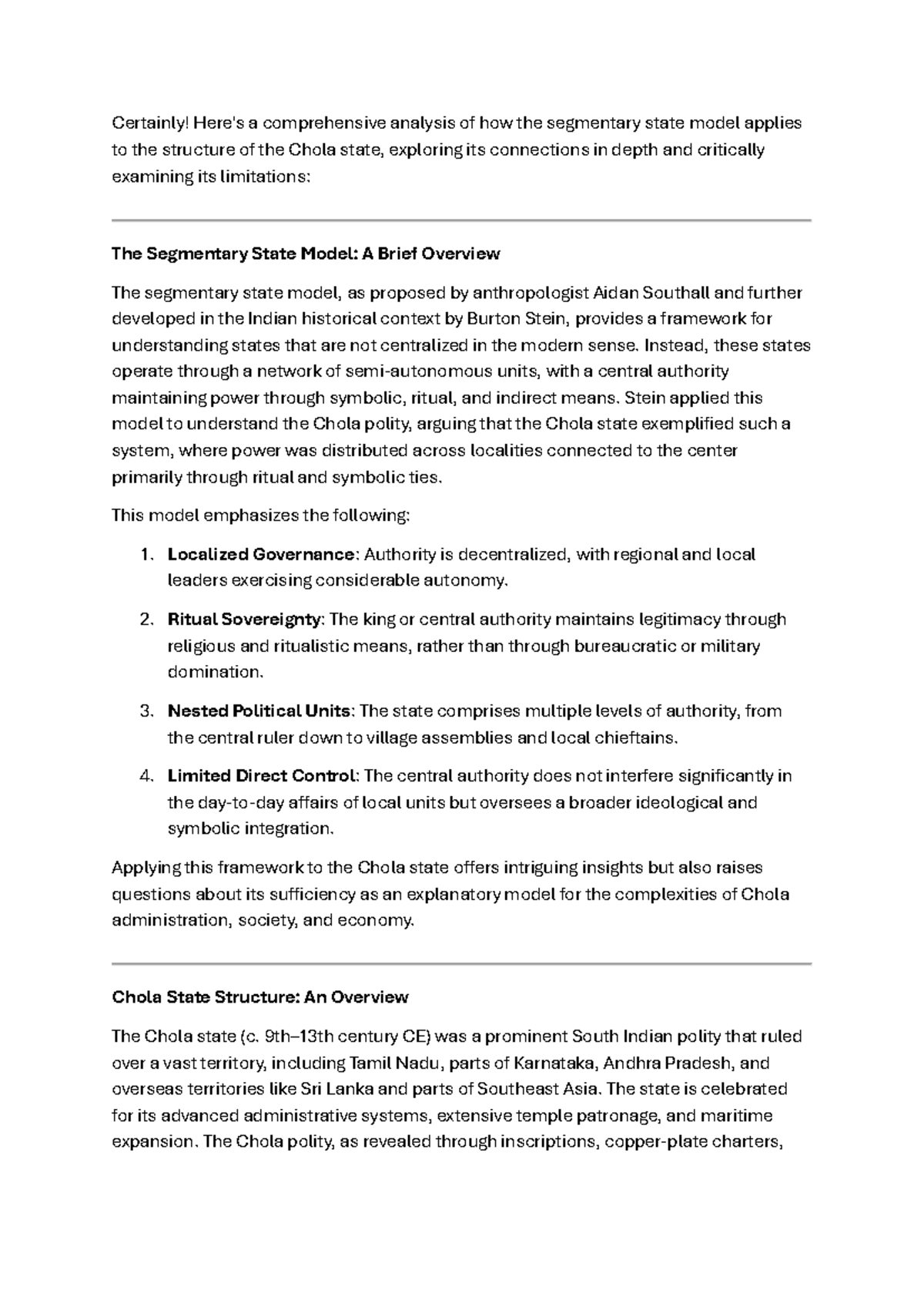 Chola State Analysis: Insights from the Segmentary State Model - Studocu