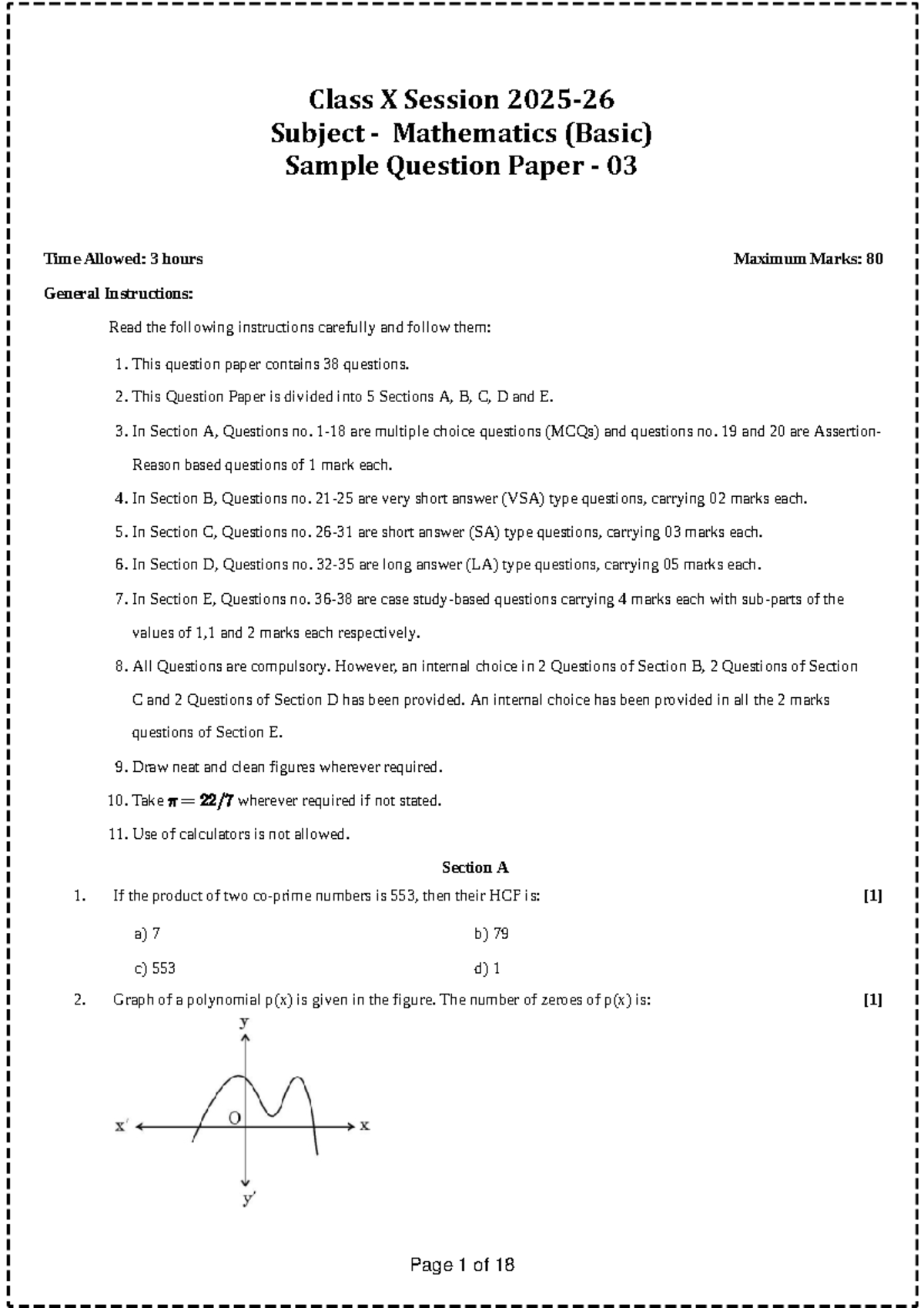 Mathematics Class X Sample Question Paper 03 (Basic) - Studocu