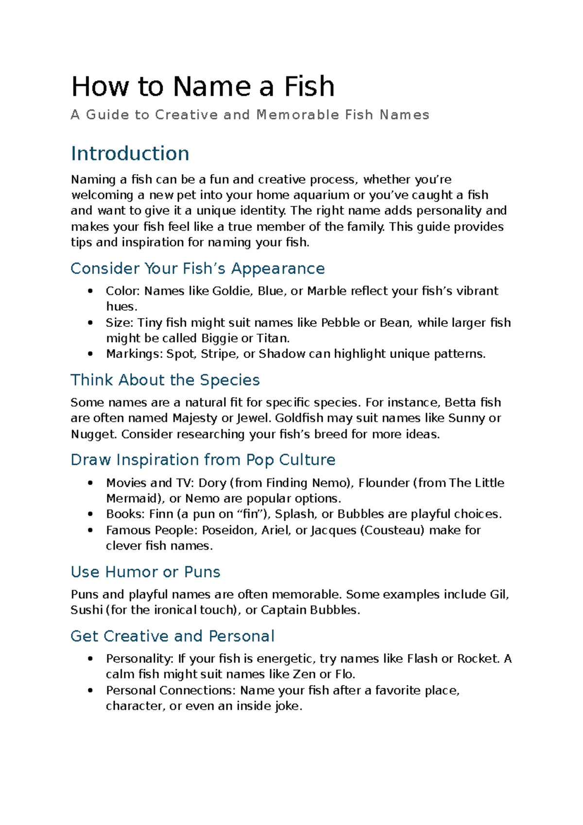 Bg54: Creative Guide to Naming Your Fish - Studocu