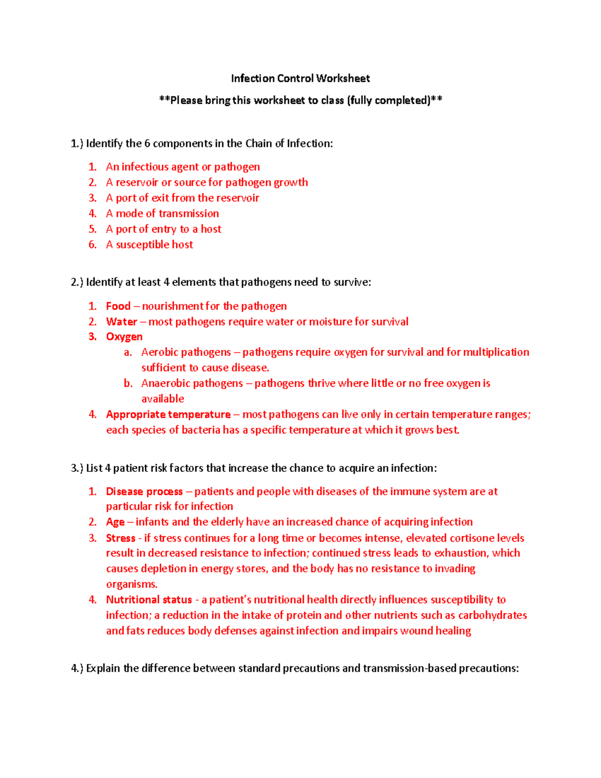 Infection Control Worksheet: Key Concepts and Guidelines - Studocu