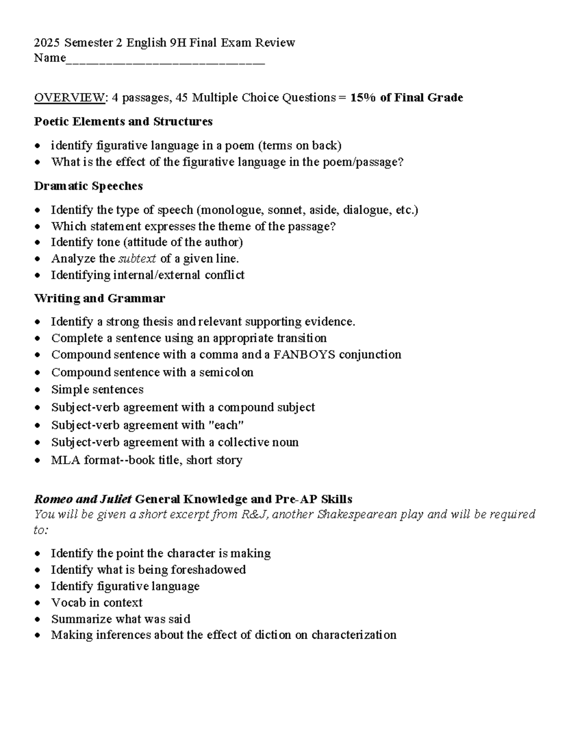 2025 Semester 2 English 9H Final Exam Review Guide and Key Concepts ...