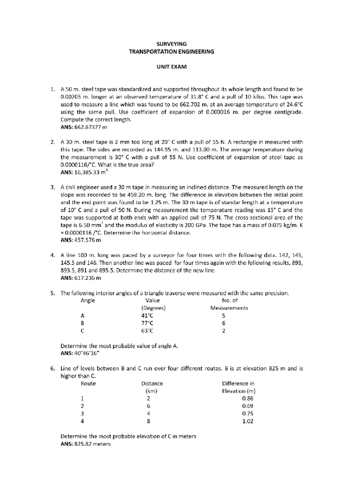 MSTE Surveying Transportation Engineering Unit Exam 1 Solutions - Studocu