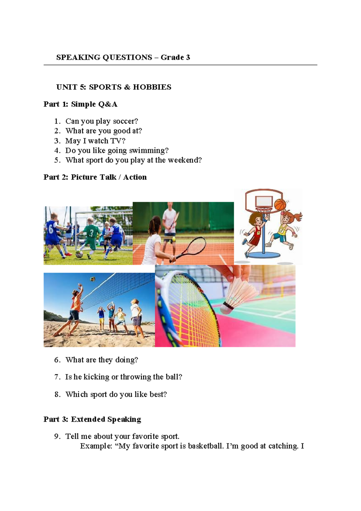 Speaking Questions Grade 3: Unit 5 Sports & Hobbies, Unit 6 Clothes ...