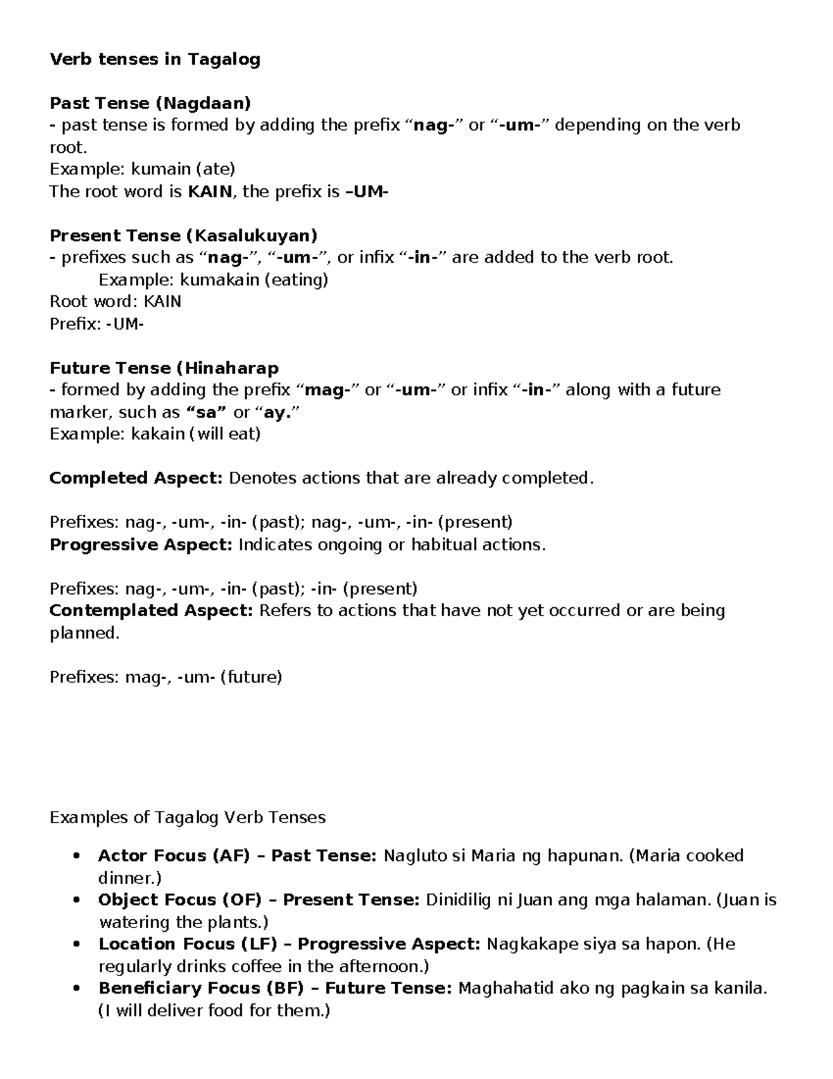 Tagalog Verb Tenses: Past, Present, and Future Forms - Studocu