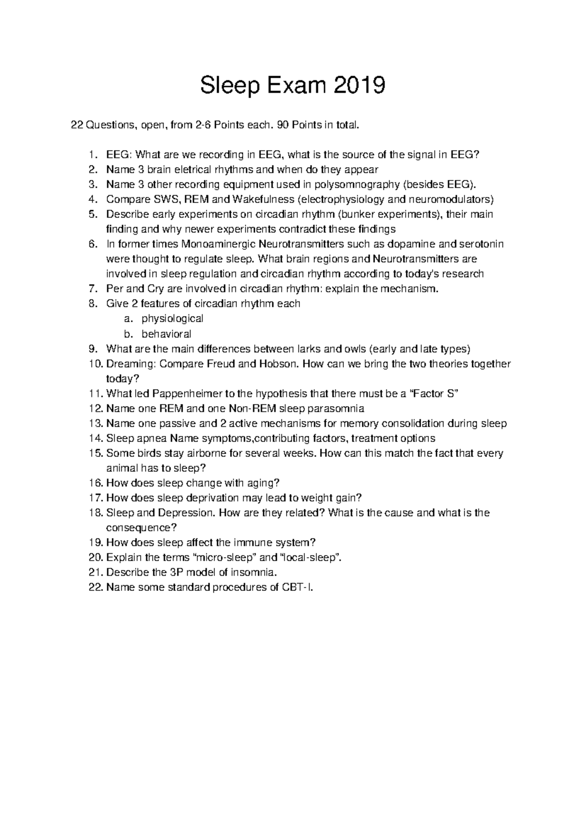 Sleep Exam 2019: 22 Key Questions on Sleep and Circadian Rhythms - Studocu