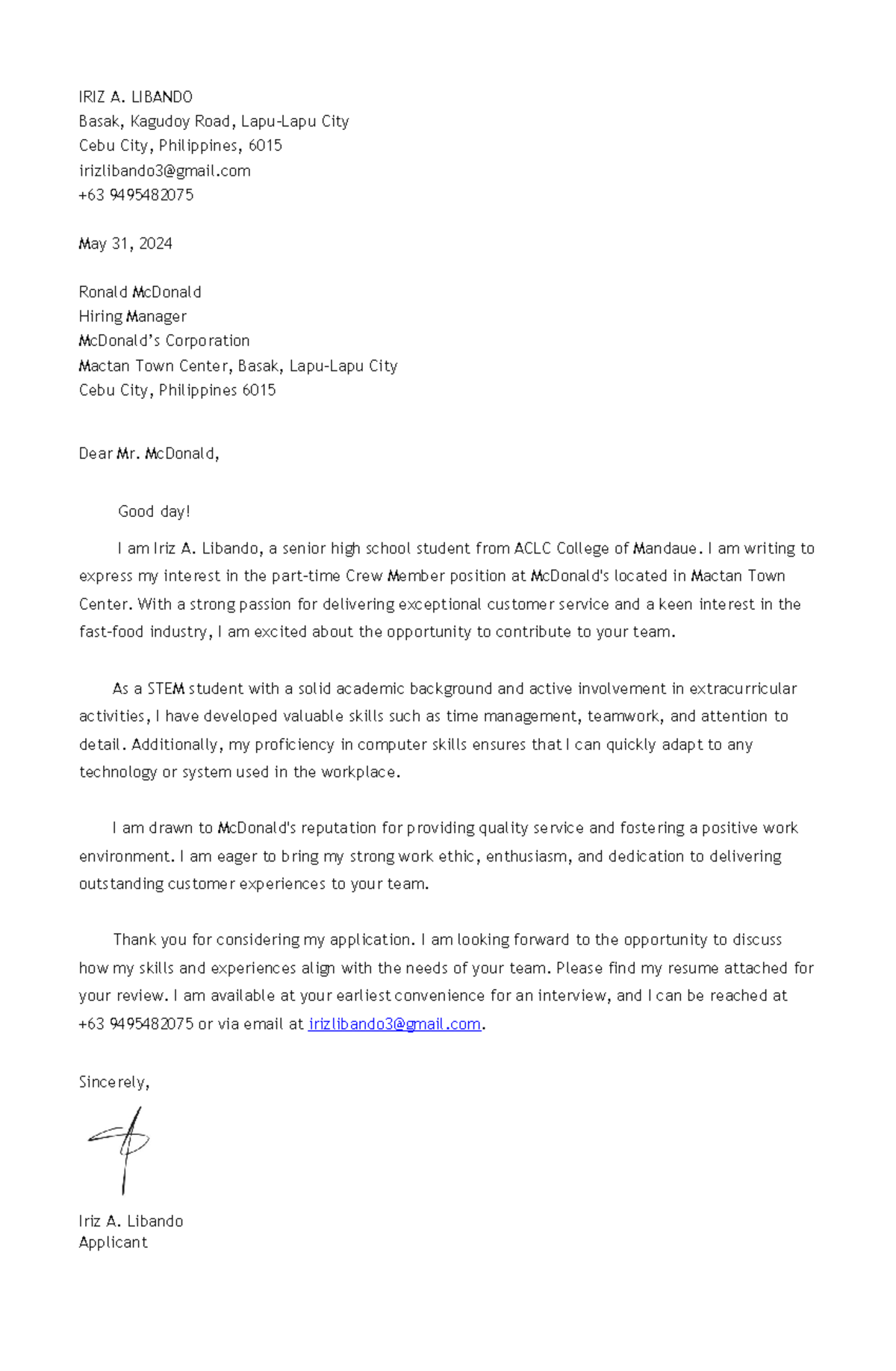 Application Letter 3-IRIZ - IRIZ A. LIBANDO Basak, Kagudoy Road, Lapu-Lapu City Cebu City, - Studocu