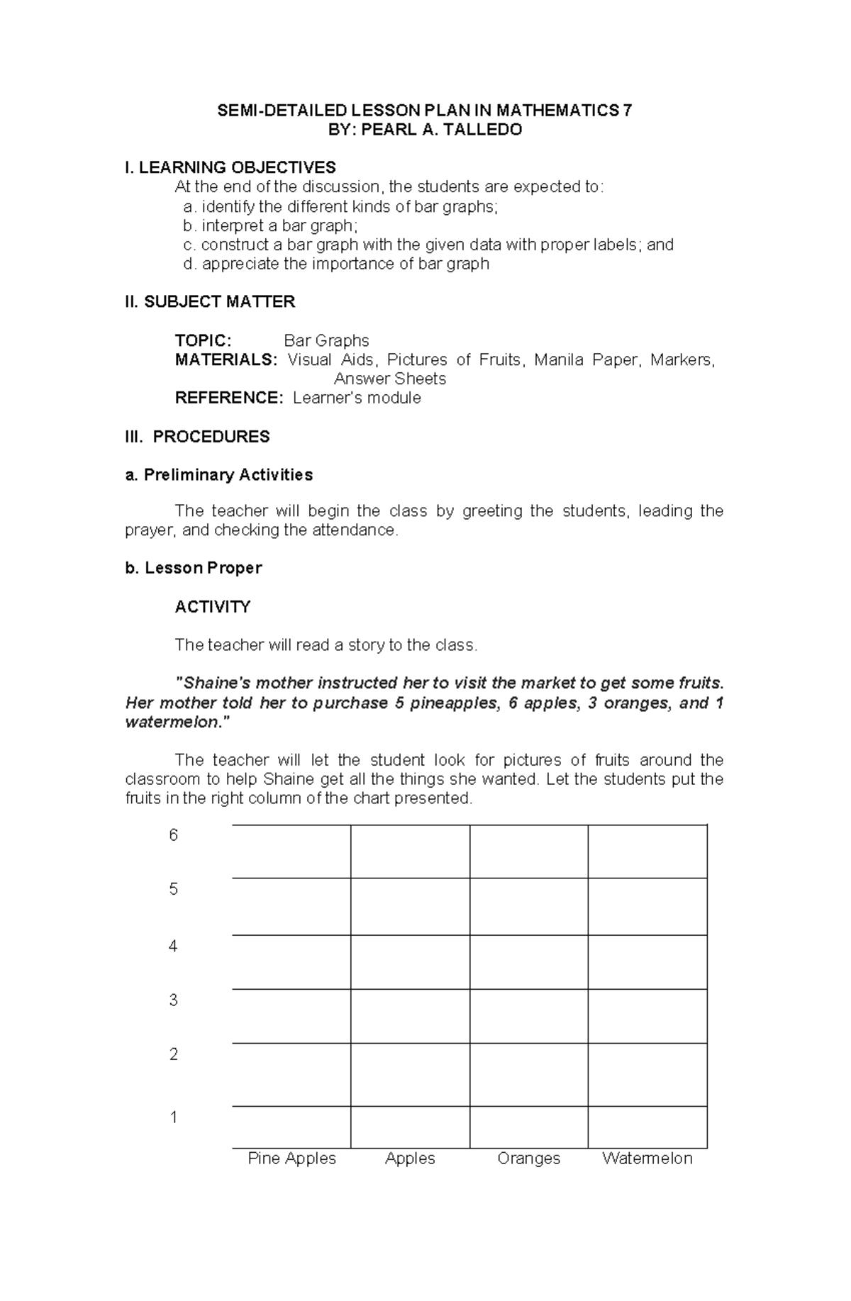 Mathematics 7 Semi-Detailed Lesson Plan: Bar Graphs Instruction - Studocu