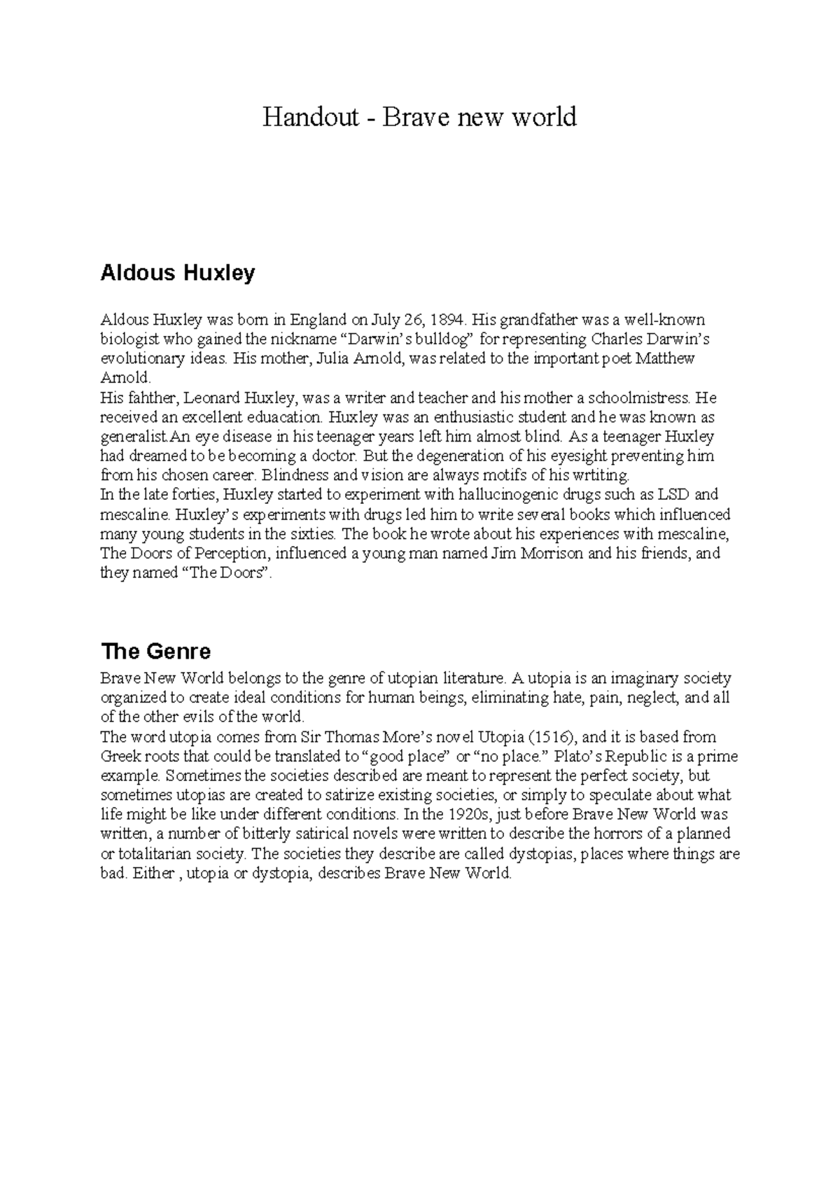 Brave New World (ENG 101) - Comprehensive Study Handout - Studocu