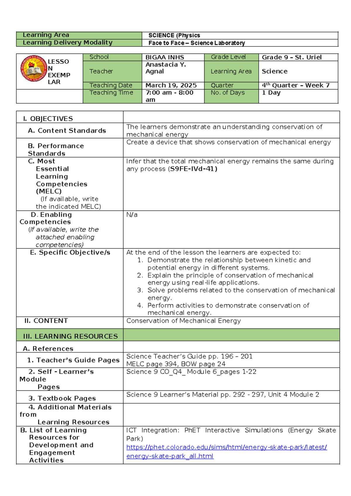 COT Option B: Lesson Plan on Conservation of Mechanical Energy ...