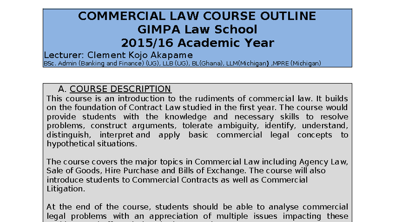 COMMERCIAL LAW COURSE OUTLINE 2014-2015 GIMPA Law School - Studocu