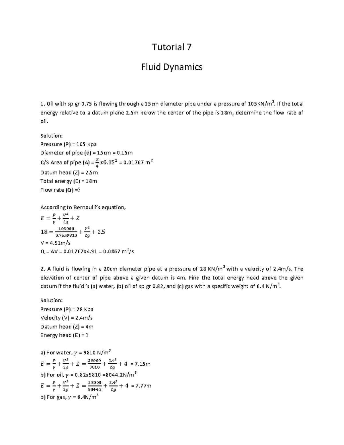 Tutorial 7: Fluid Dynamics 1 - Solutions and Flow Calculations - Studocu