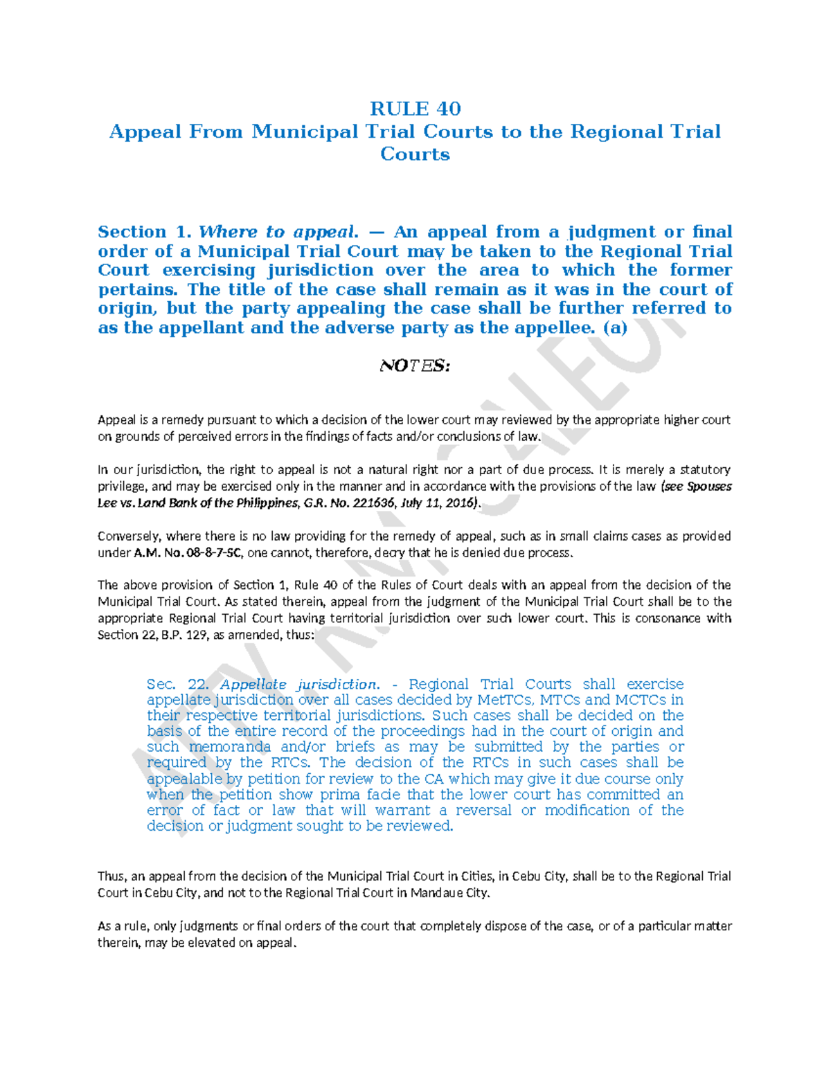 Rule 40: Summarized Notes on Appeals from Municipal to Regional Courts ...