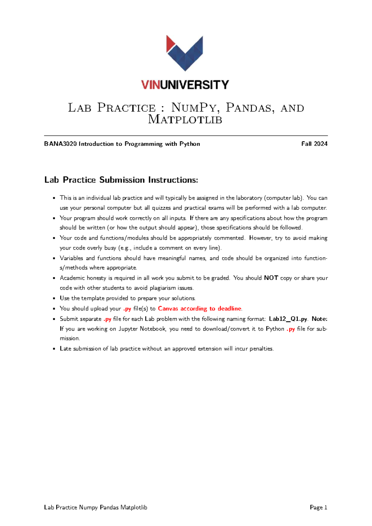 Lab Practice: NumPy, Pandas, and Matplotlib BANA3020 Fall 2024 - Studocu